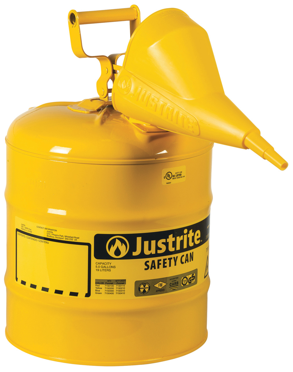 White Cap | Justrite 5 Gal. Type I Yellow Safety Gas Can for Flammables ...