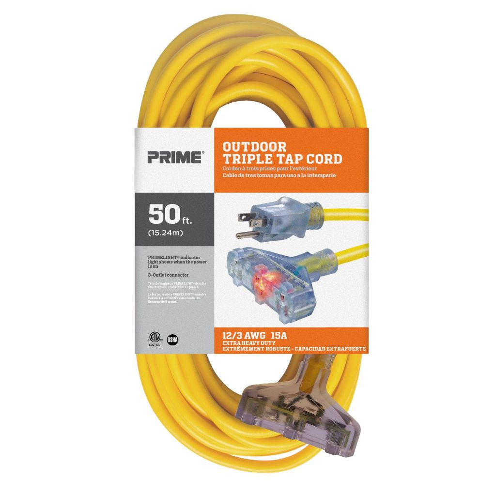 White Cap | Prime 50' 12/3 U/G SJTW Yellow Triple Tap Extension Cord ...